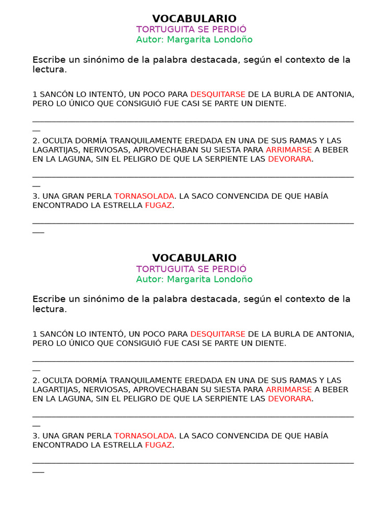 Vocabulario Tortuguita Se Perdió | PDF