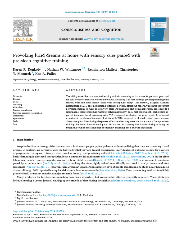 Provoking Lucid Dreams at Home With Sensory Cues Paired With Pre-Sleep ...