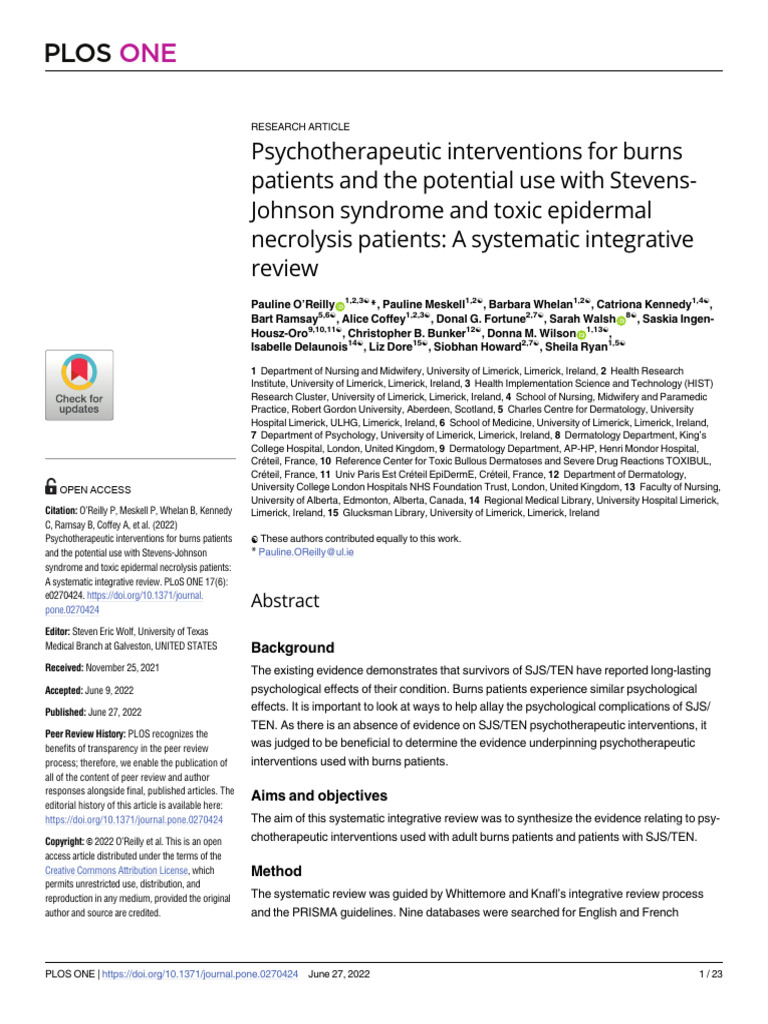 Psychotherapy for Burns and SJS/TEN Patients | PDF | Intensive Care ...