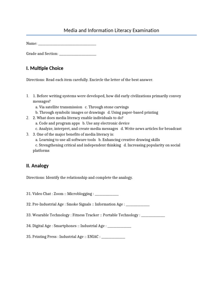 Media and Information Literacy Exam | PDF | Information | Information ...