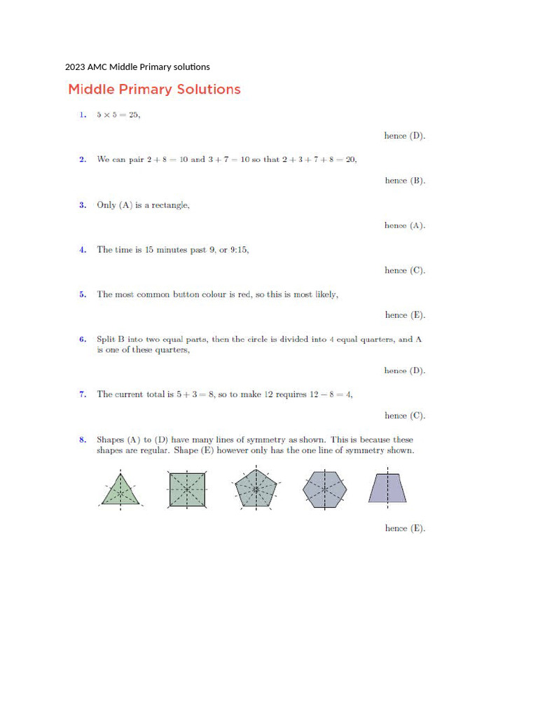 2023 AMC Middle Primary Solutions | PDF