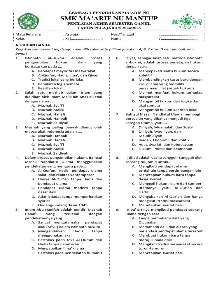 Soal Aswaja Kelas Xi | PDF