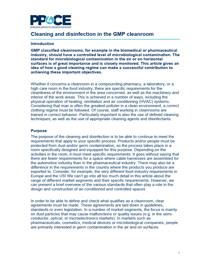Cleaning and Disinfection in The GMP Cleanroom - PP4CE | PDF | Disinfectant