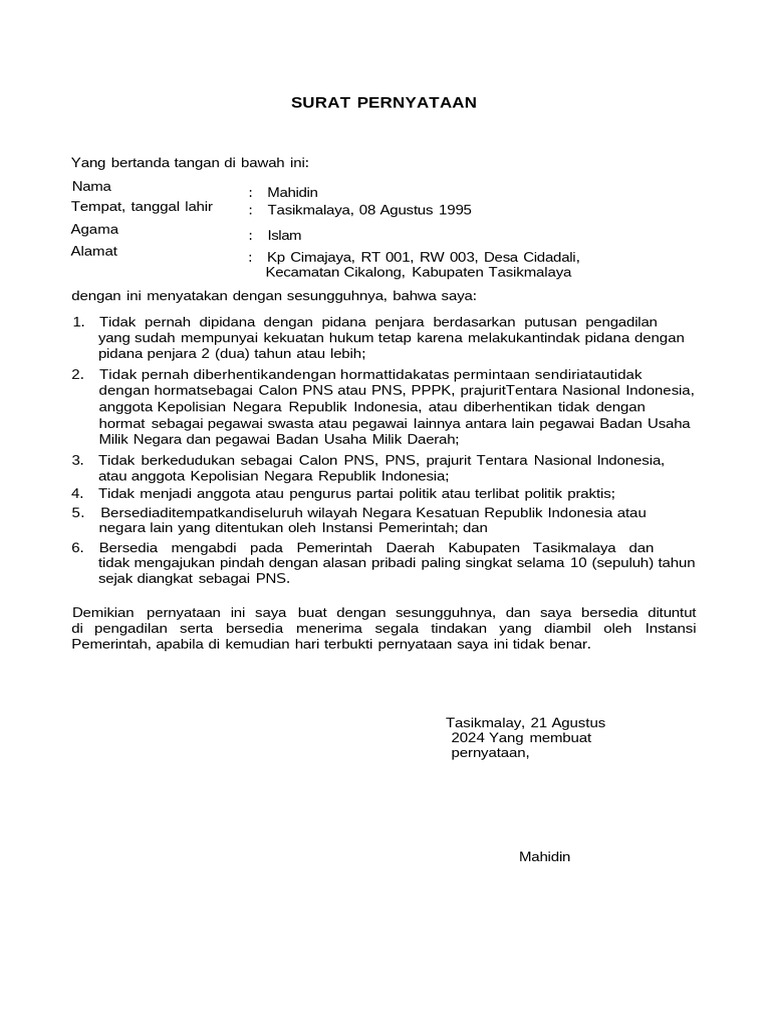 Lampiran II Surat Pernyataan Mahidin | PDF