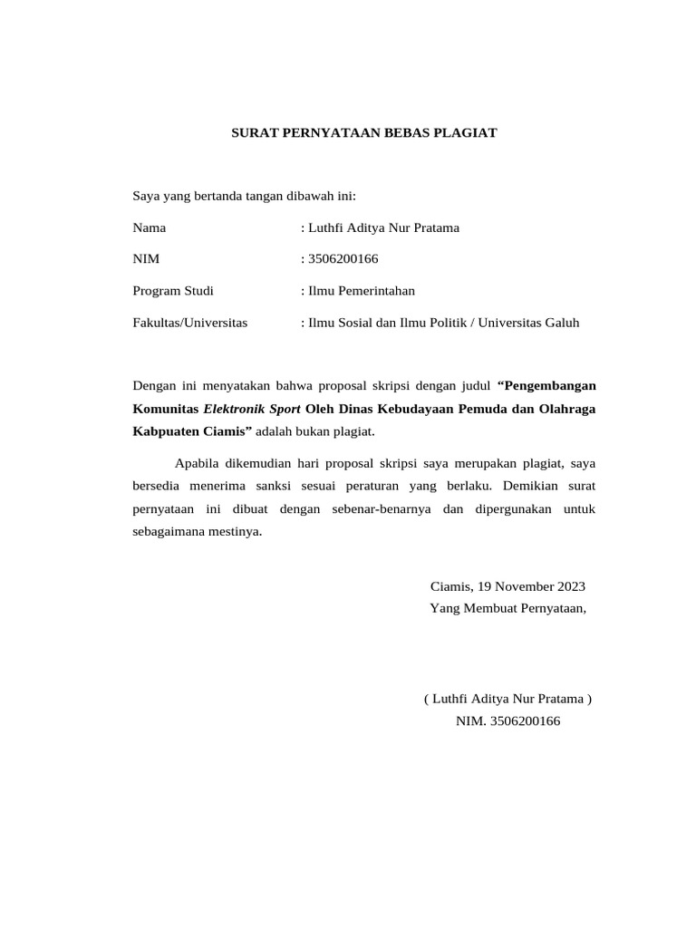Surat Pernyataan Bebas Plagiat | PDF