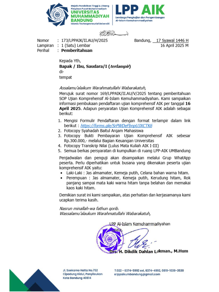 173 -Pemberitahuan Pembukaan Ujian Komprehensif AIK | PDF