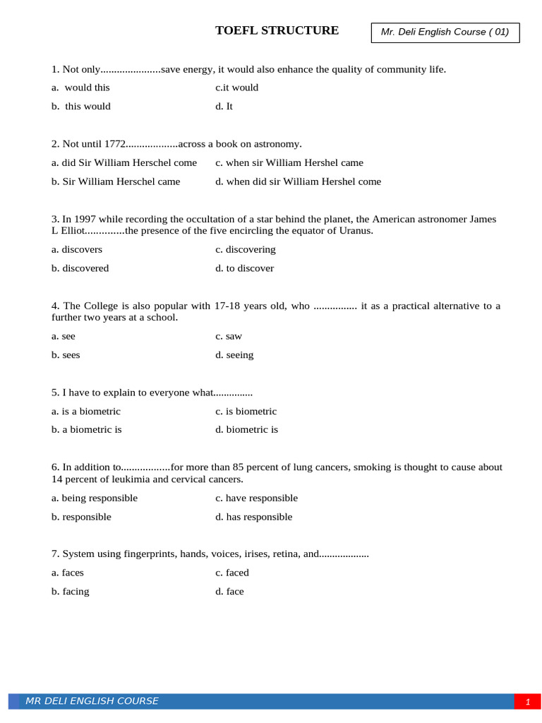TOEFL Stucture 01 (Question) | PDF
