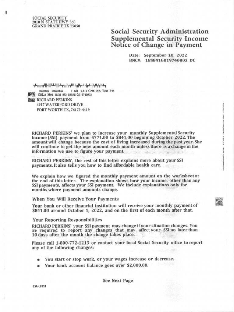 SSI Notice of Change in Payment | PDF