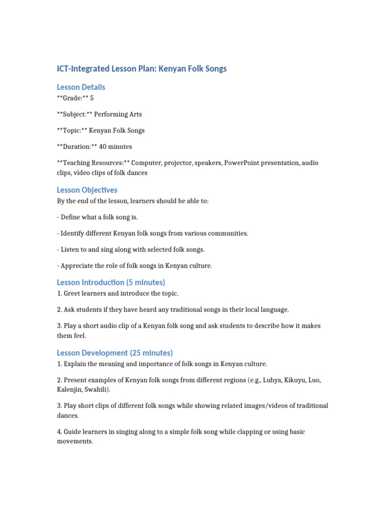 Kenyan Folk Songs Lesson Plan | PDF