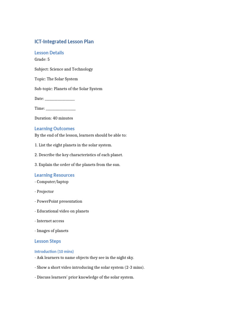 Grade 5 Solar System Lesson Plan | PDF