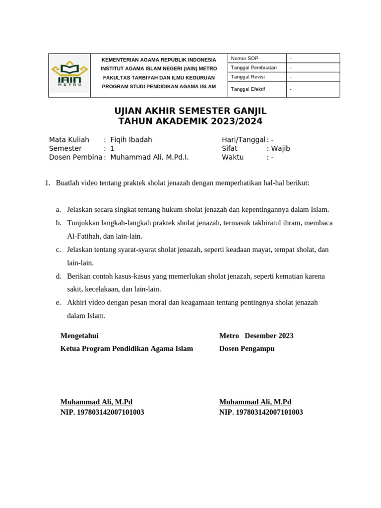 Soal Uas Fiqih Ibadah (Ayah Ali) | PDF