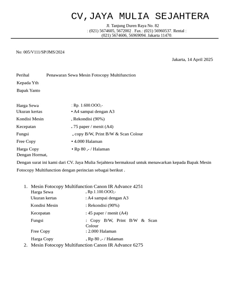 Penawaran Sewa Mesin Fotocopy Canon IR 4251 | PDF