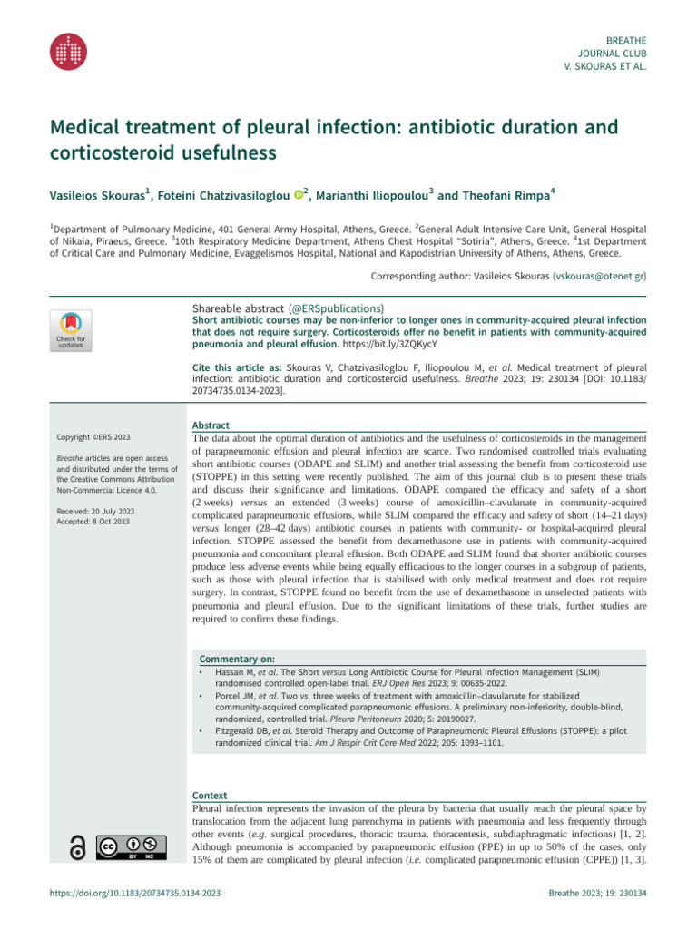 Skouras 2023 Medical Treatment of Pleural Infection | PDF | Pneumonia ...