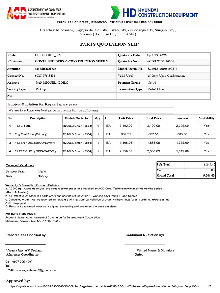 041025-Conte Builders-R140W-9S (1049) - Parts Quotation | PDF ...