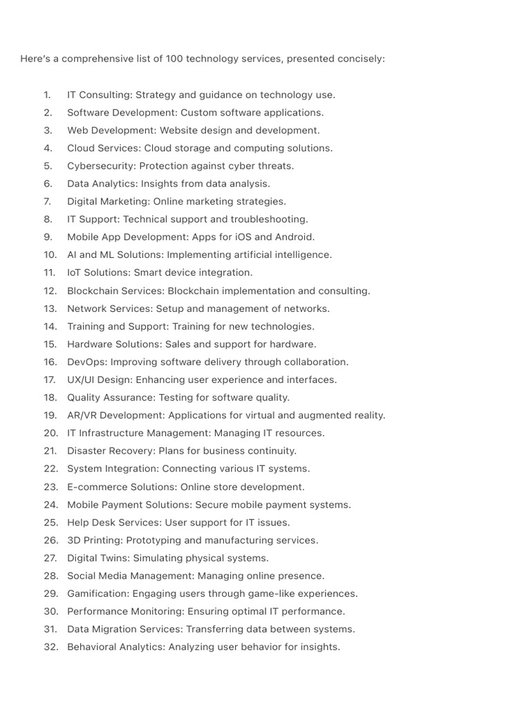Here's A Comprehensive List of 100 Technology Services, Presented | PDF | Mobile App | Cloud ...