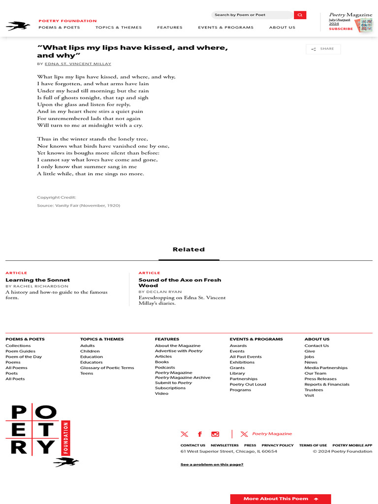 "What Lips My Lips Have Kissed, and Where, The Poetry Foundation | PDF ...