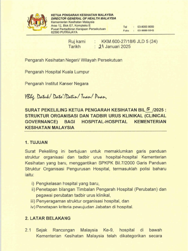 Surat Pekeliling KPK Bil 52025 - Struktur Organisasi Dan Tadbir Urus Klinikal (Clinical ...