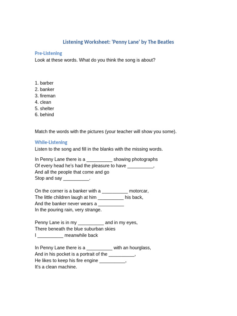Listening Worksheet for 'Penny Lane' | PDF