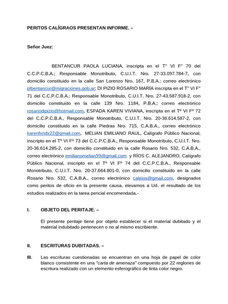 Informe de Peritos Calígrafos | PDF