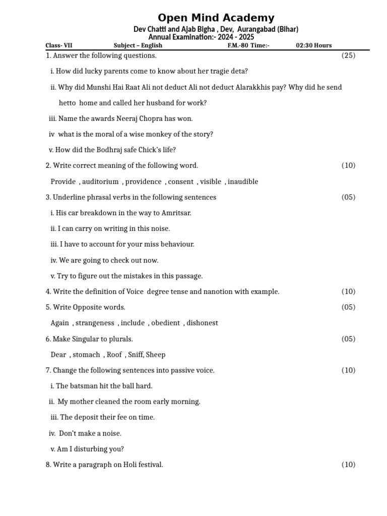 Class VII English Exam Paper 2024-25 | PDF