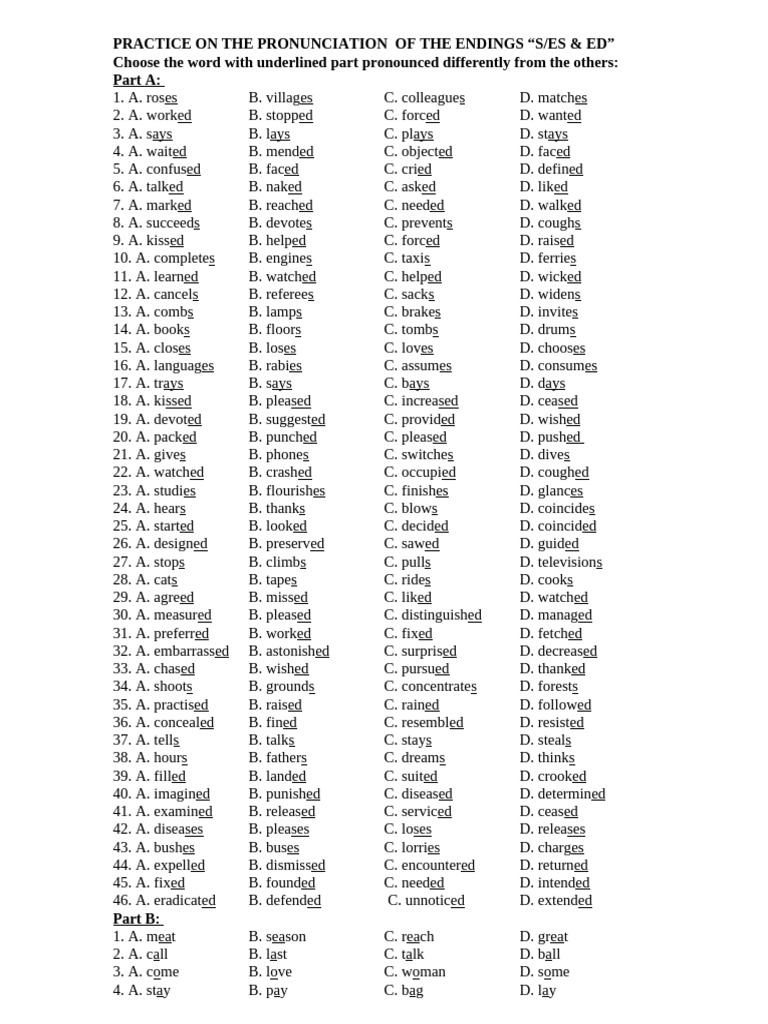 Pronunciation of The Endings S, Es, Ed | PDF