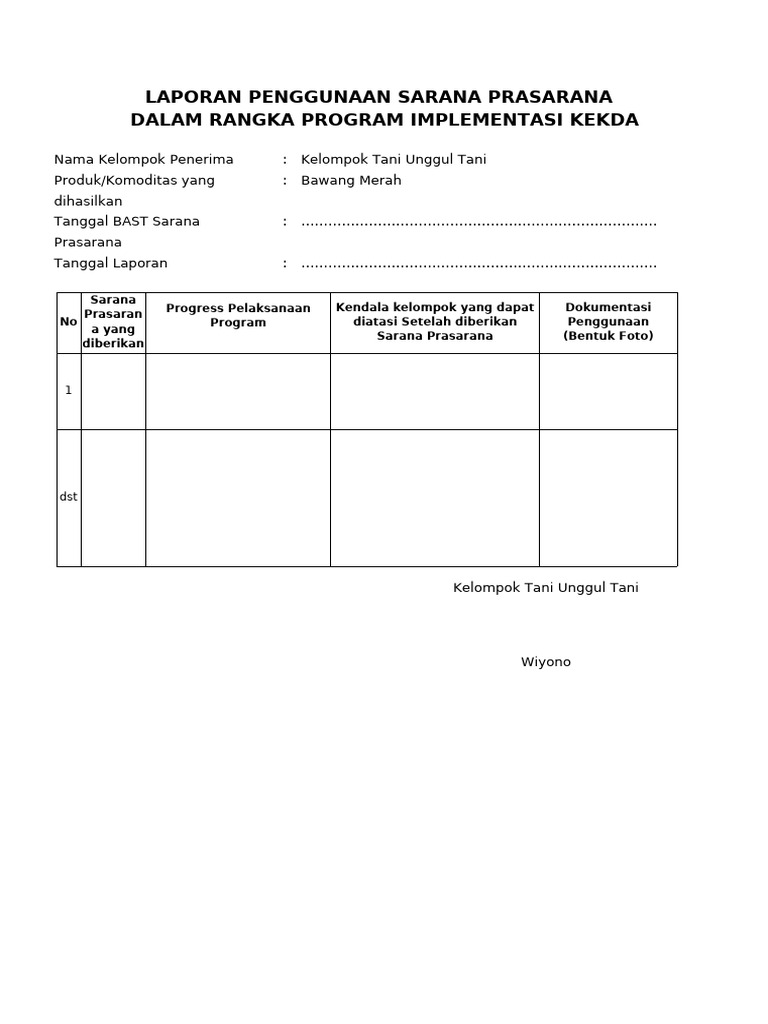 Laporan Penggunaan Sarana Prasarana Dalam Rangka PI KEKDA-Poktan Unggul ...