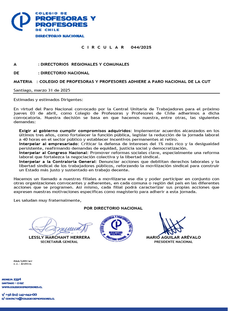 Adhesión al Paro Nacional de la CUT | PDF