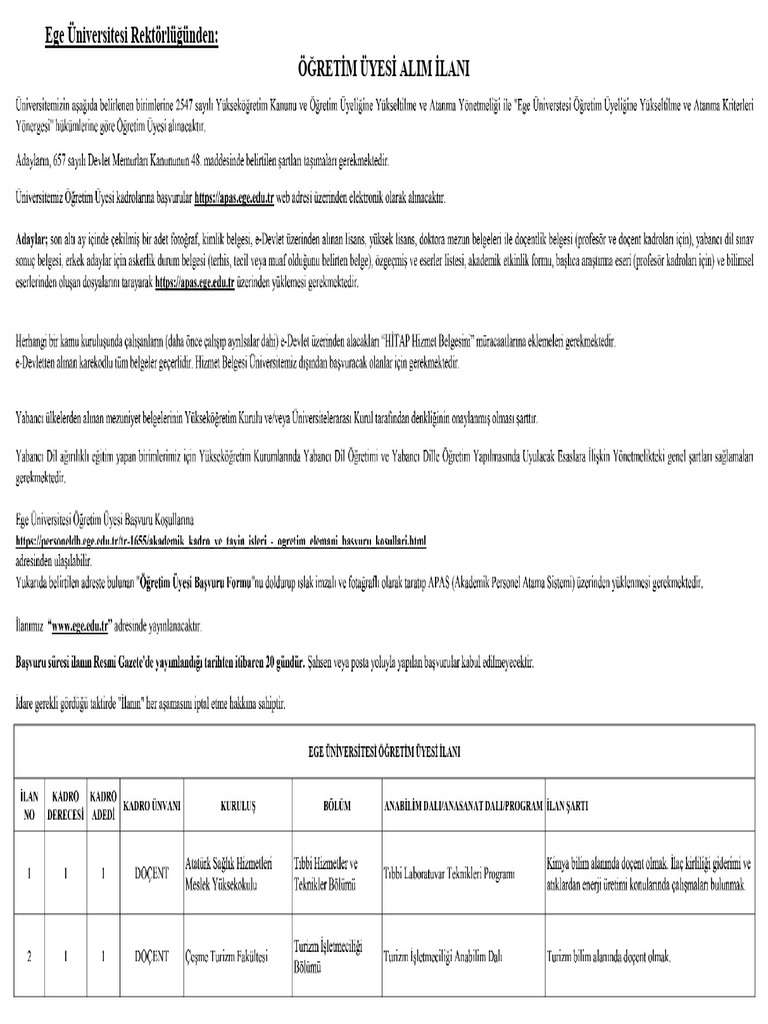 Ege Üniversitesi Rektörlüğünden: Öğretim Üyesi Alim İlani: 06.05.2025 ...