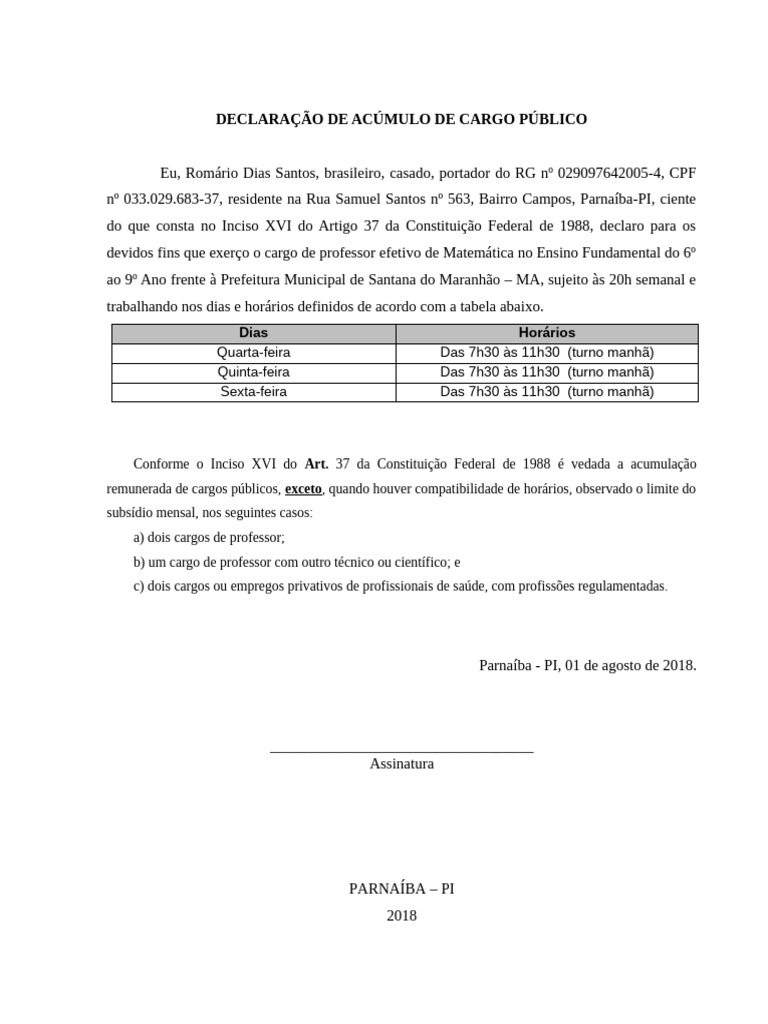 01 Declaração - Acúmulo de Cargo Público | PDF