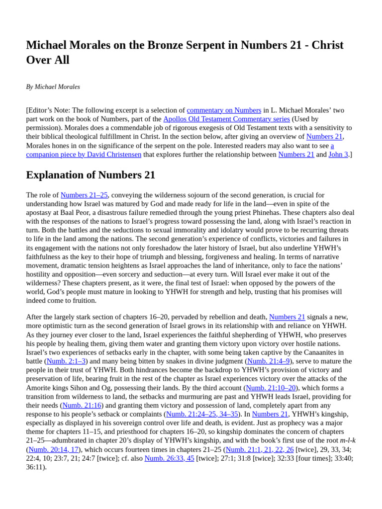 Michael Morales On The Bronze Serpent in Numbers 21 - Christ Over All | PDF | Book Of Numbers ...