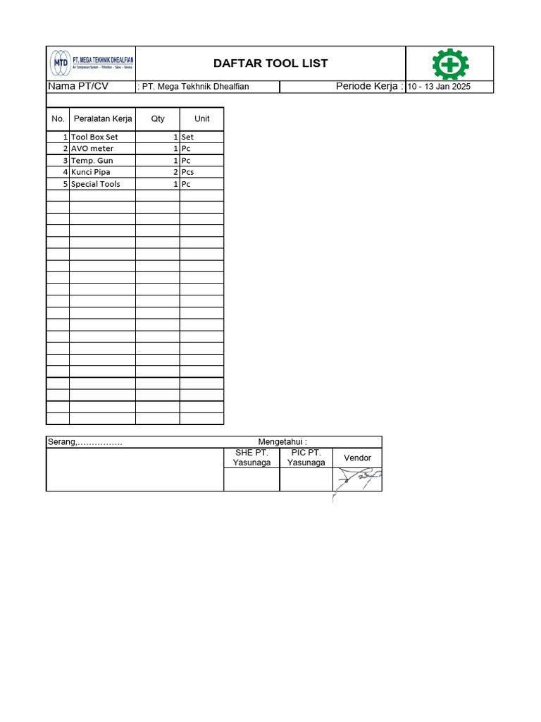 Daftar Peralatan Kerja PT. Mega Tekhnik | PDF