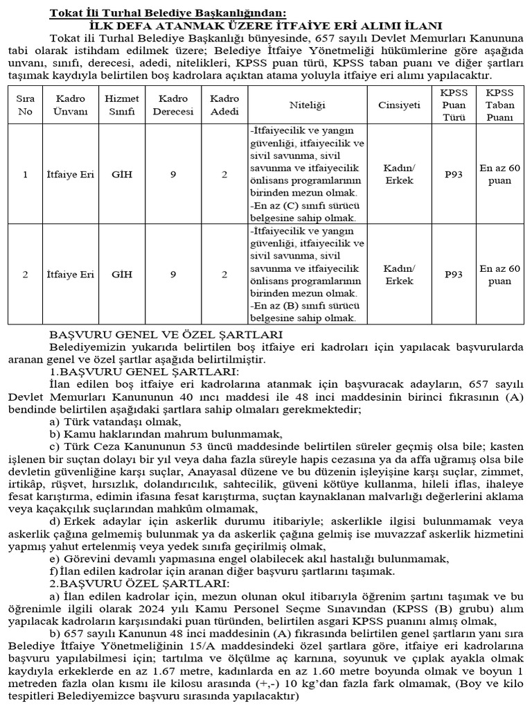 Tokat İli Turhal Belediye Başkanlığından: İlk Defa Atanmak Üzere İtfaiye Eri Alimi İlani | PDF
