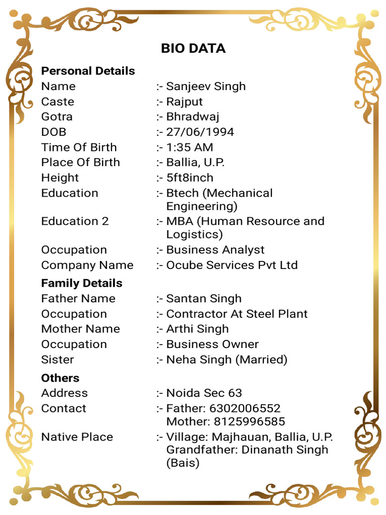 Sanjeev Singh Bio Data Overview Pdf