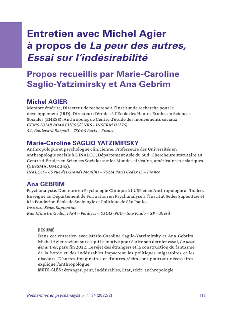 Entretien avec Michel Agier sur l'indésirabilité | PDF | Peur ...