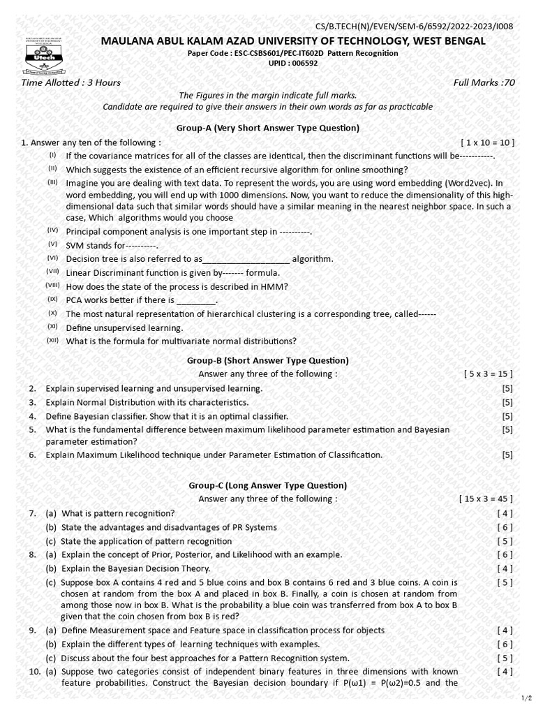 ESC-CSBS601 PEC-IT602D Pattern Recognition | PDF | Pattern Recognition ...