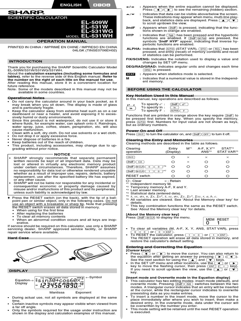 SHARP EL-531W Calculator Manual | PDF | Errors And Residuals | Standard ...