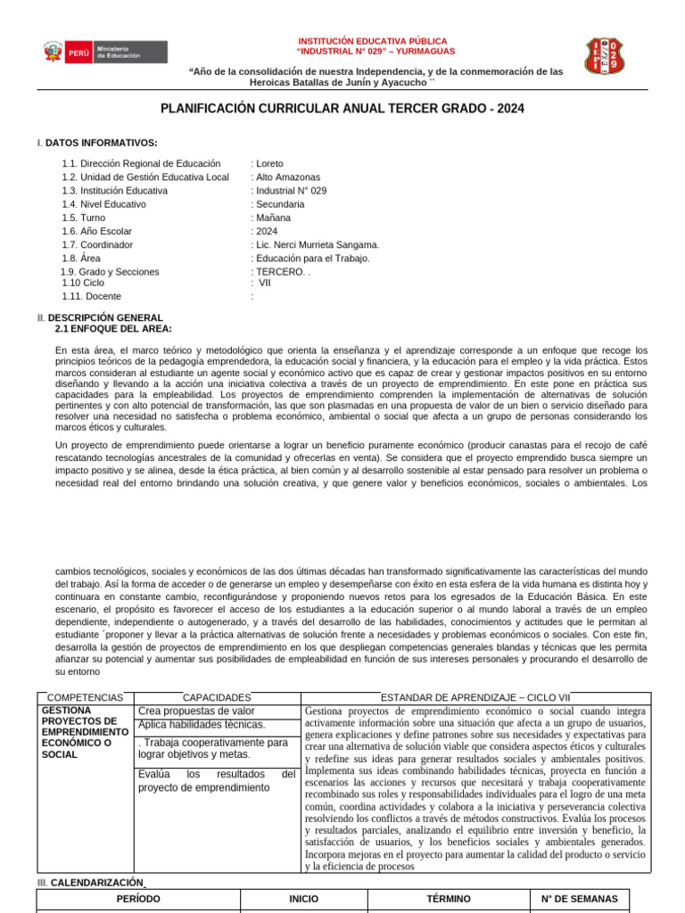 PLANIFICACIÓN ANUAL TERCER GRADO EPT- FORMATO- 2024 | PDF | Iniciativa empresarial | Aprendizaje