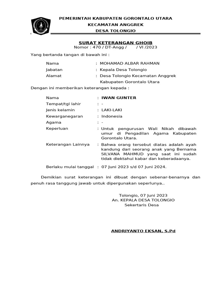 Surat Keterangan Ghoib Desa Tolongio | PDF