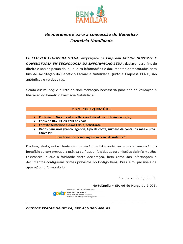 Requerimento Farmacia Natalidade Assinado | PDF