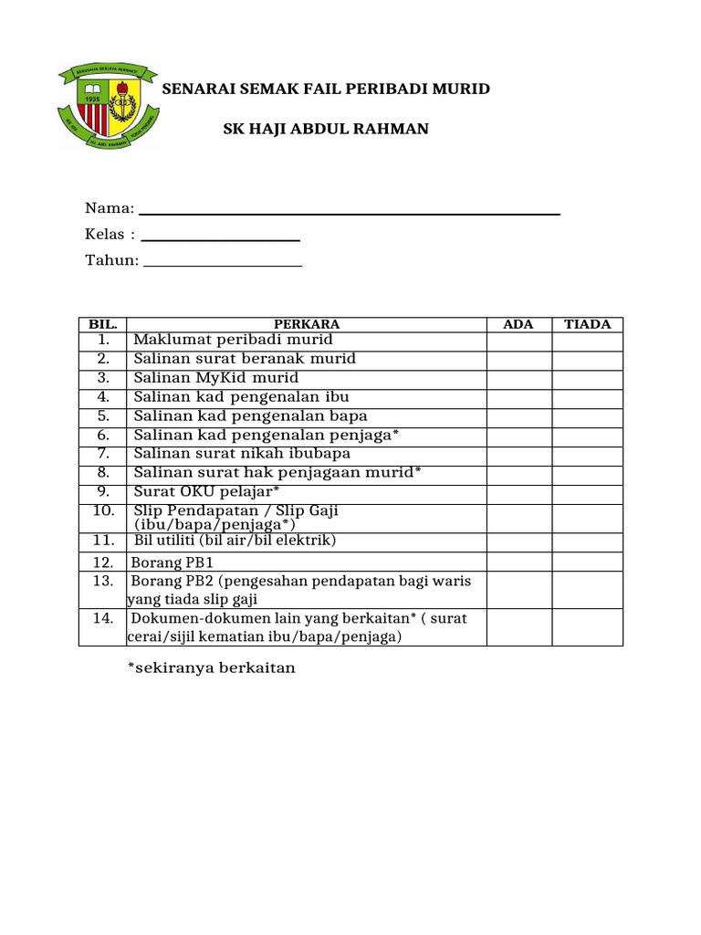 Senarai Maklumat Murid Tahun 1 Dalam Fail Peribadi | PDF