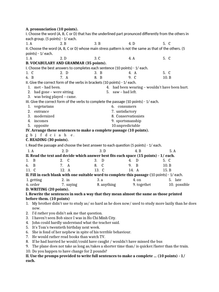 Pronunciation, Vocabulary, and Grammar Test | PDF | Linguistic ...