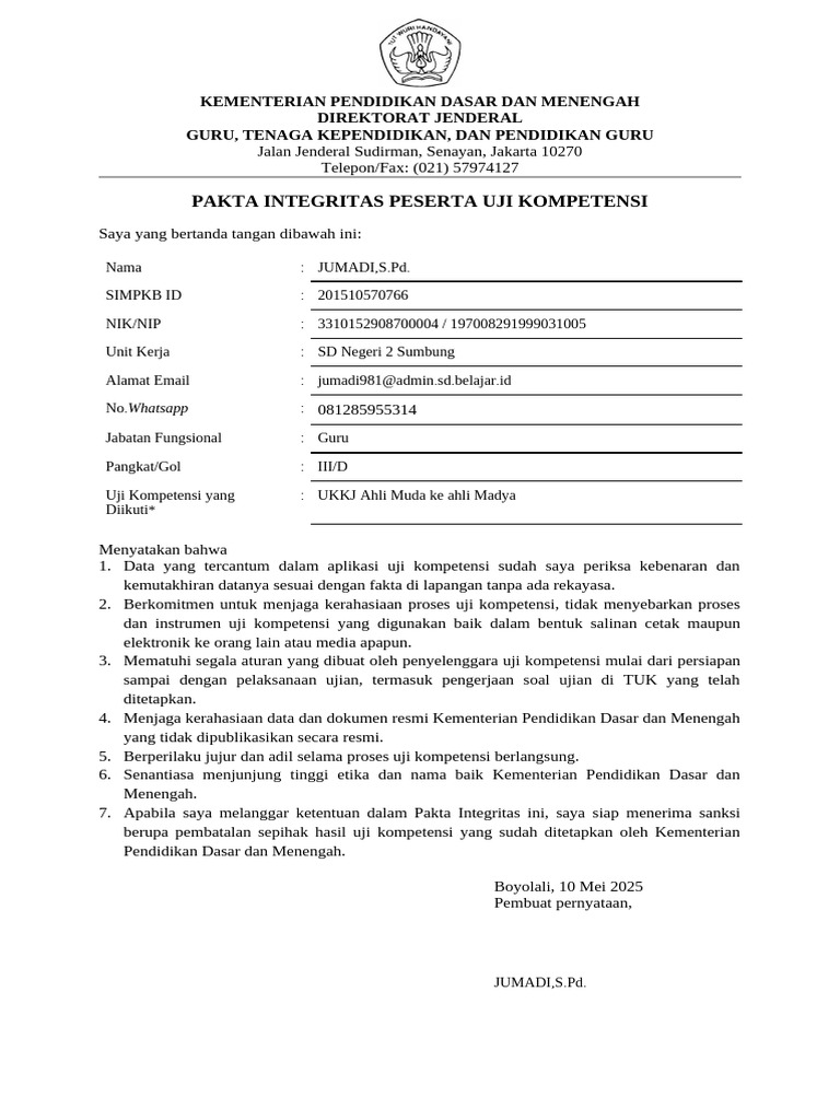 Pakta Integritas Peserta Uji Kompetensi 2025 Jumadi | PDF