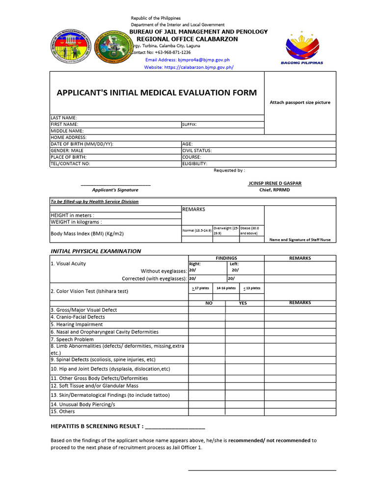 Initial Medical Eval FormJO1 Applicant | PDF | Body Mass Index | Human Size