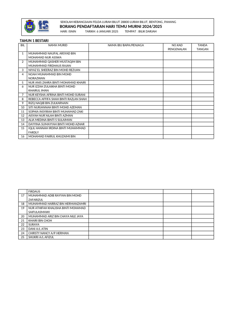 Pendaftaran Murid SK Felda Lurah Bilut 2025 | PDF