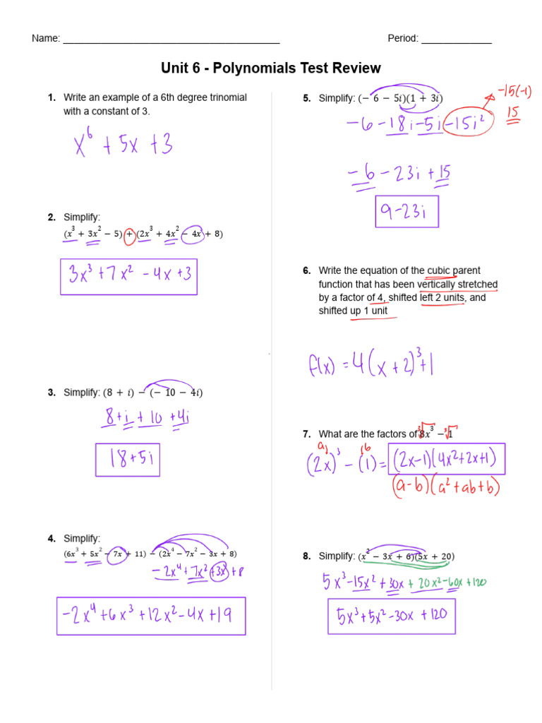 Review - Unit 6 - Polynomials Answer Key (2) | PDF