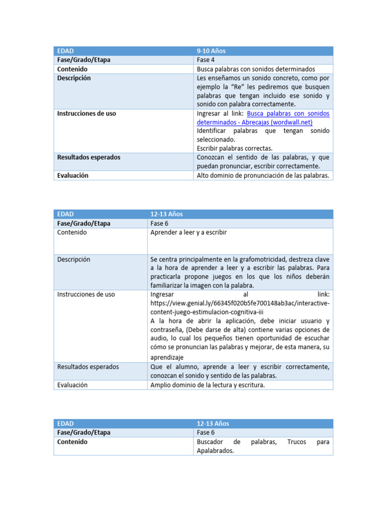 Fase/Grado/Etapa Contenido Descripción: Edad 9-10 Años | PDF ...