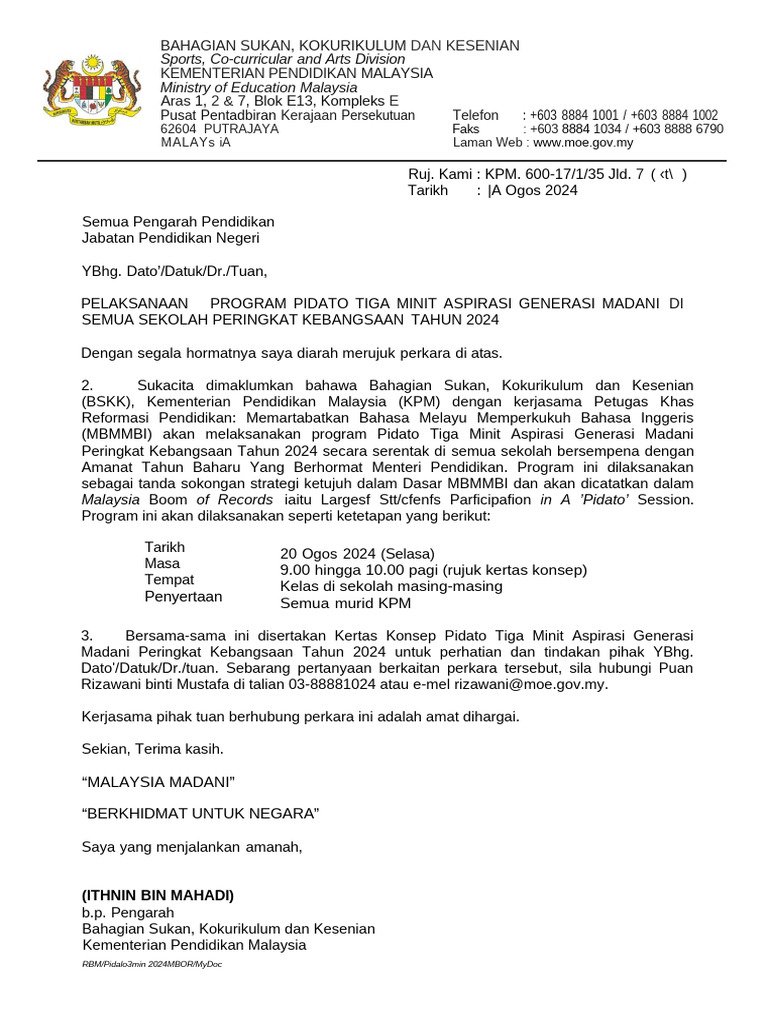 Pelaksanaan Program Pidato Tiga Minit Aspirasi Generasi Madani Di Semua Sekolah Peringkat ...