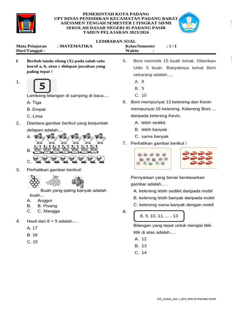Soal Sas Ganjil Matematika 1 | PDF