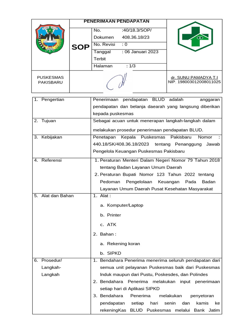 Sop Penerimaan Pendapatan Blud Fix | PDF