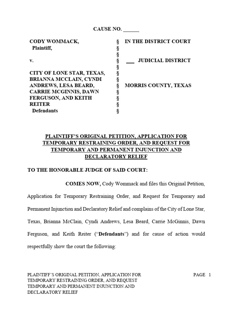 Serenity Suit Original Petition | PDF | Legal Remedy | Injunction